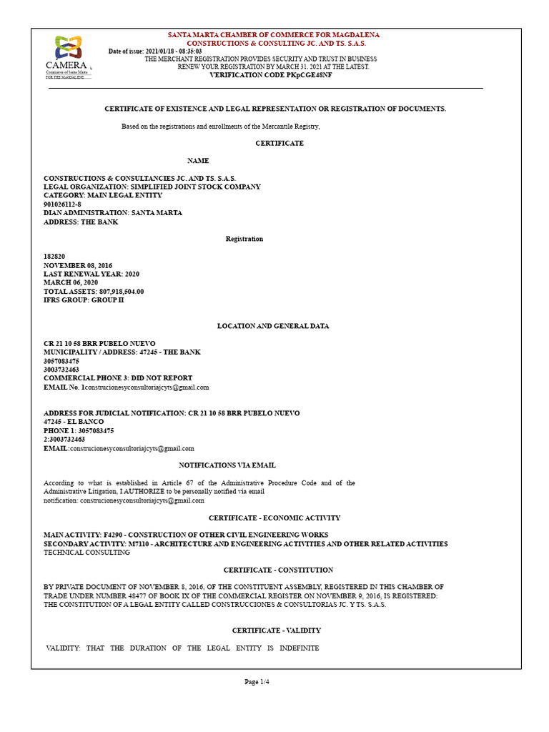 Certificate of Existence and Legal Representation 2021 | PDF ...
