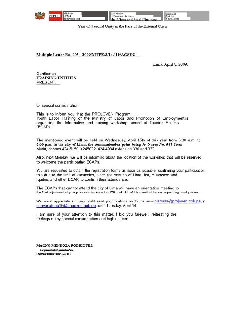 Training Letter 2009 | PDF