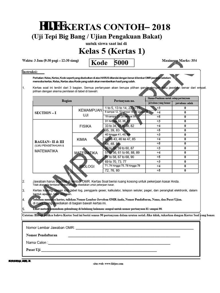 Kertas Contoh Kelas 5 Fiitjee | PDF