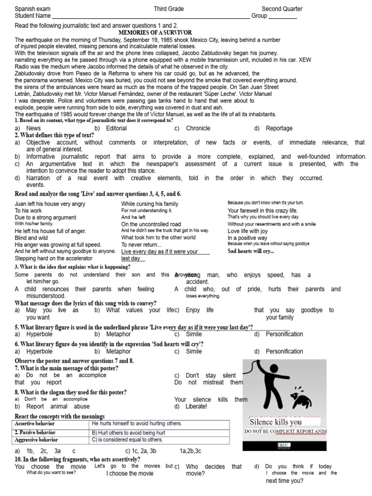 Third Grade Spanish Exam: Earthquake & Song Analysis | PDF | Anger