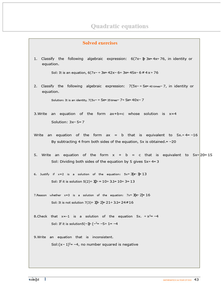 Solved Equation Exercises | PDF | Equations | Quadratic Equation