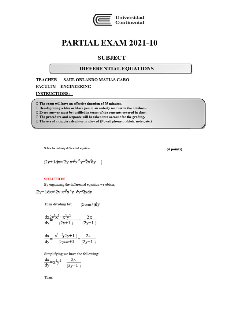 Differential Equations Exam Solutions | PDF | Differential Equations ...