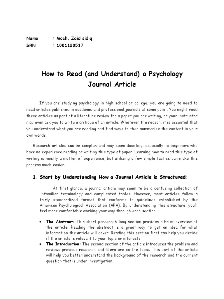 How To Read (And Understand) A Psychology Journal Article: Name: Moch ...