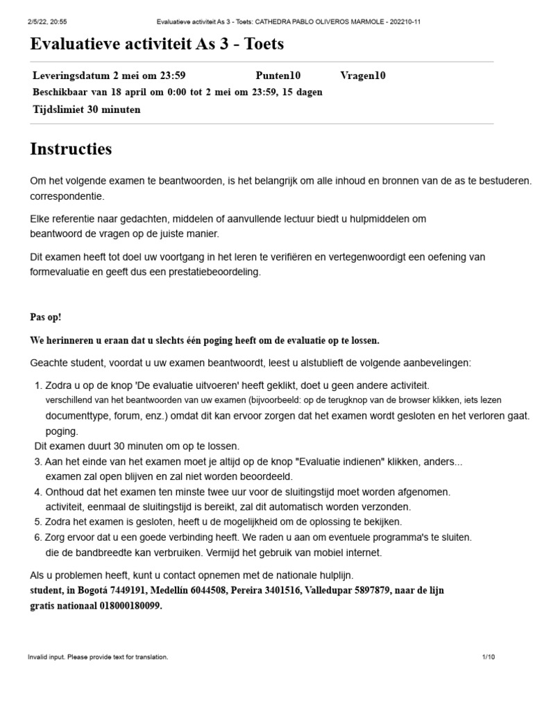 Evaluatieve Activiteit As 3 - Toets - CÁTEDRA PABLO OLIVEROS MARMOLE ...