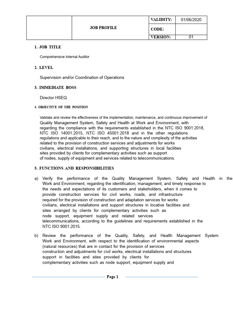 Internal Auditor Job Profile | PDF | Internal Audit | Audit