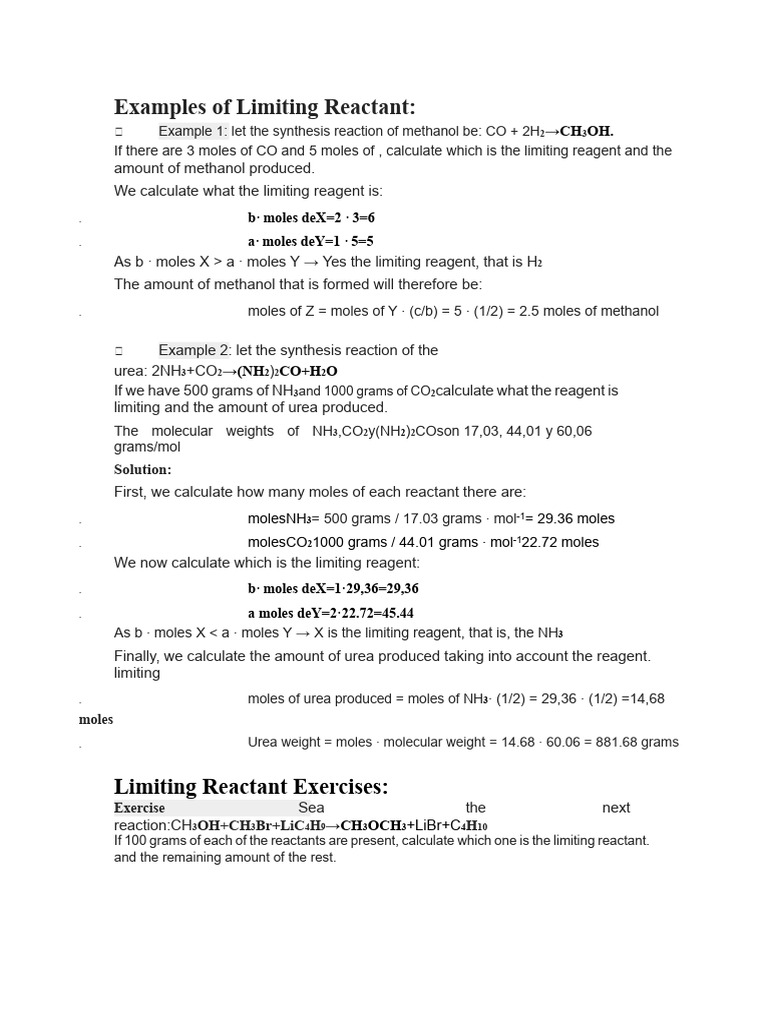 Examples of Limiting Reactant | PDF | Mole (Unit) | Organic Chemistry