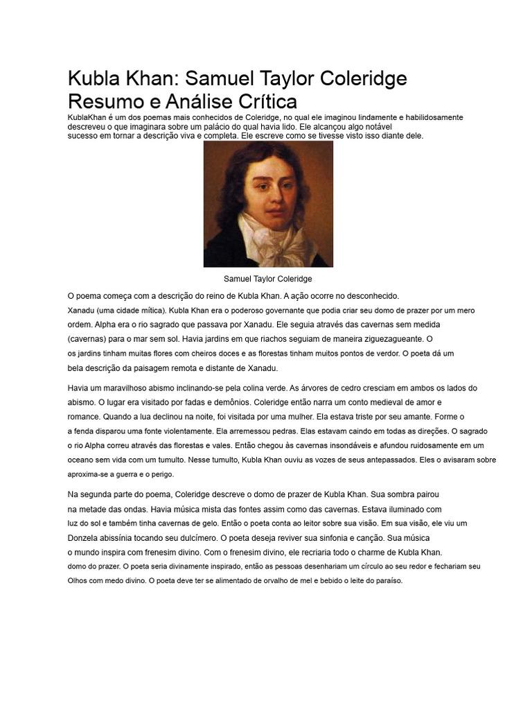 Resumo e Análise Crítica de Kubla Khan | PDF | Samuel Taylor Coleridge
