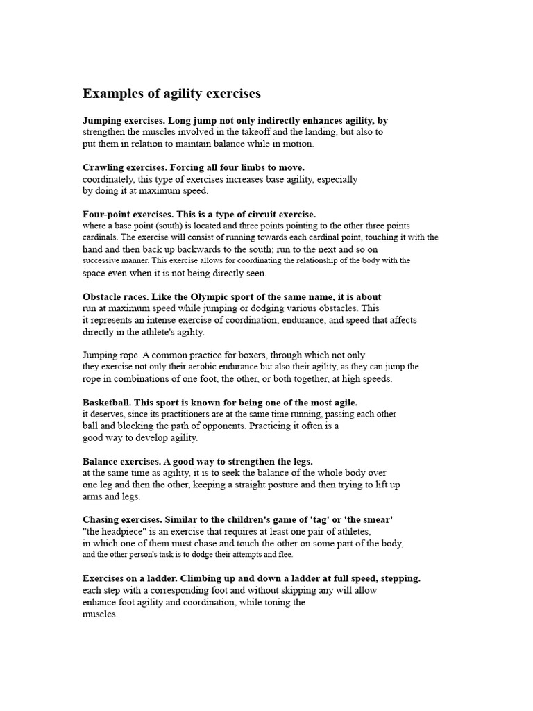 Examples of Agility Exercises | PDF | Gymnastics | Endurance