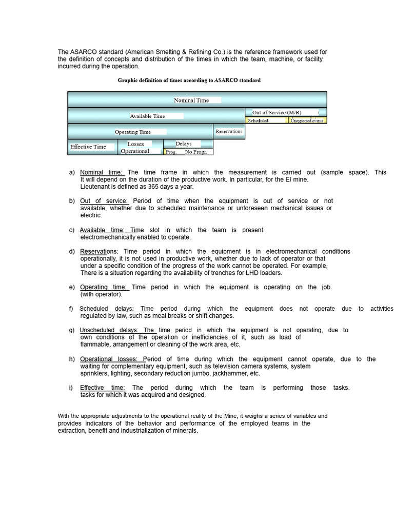 ASARCO Standard Time Definitions and Metrics | PDF