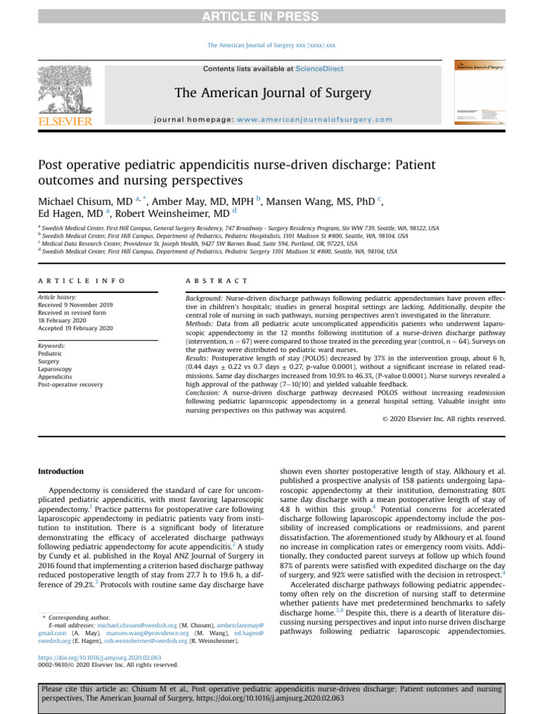 Nurse-Driven Discharge in Pediatric Appendicitis | PDF | Diseases And ...