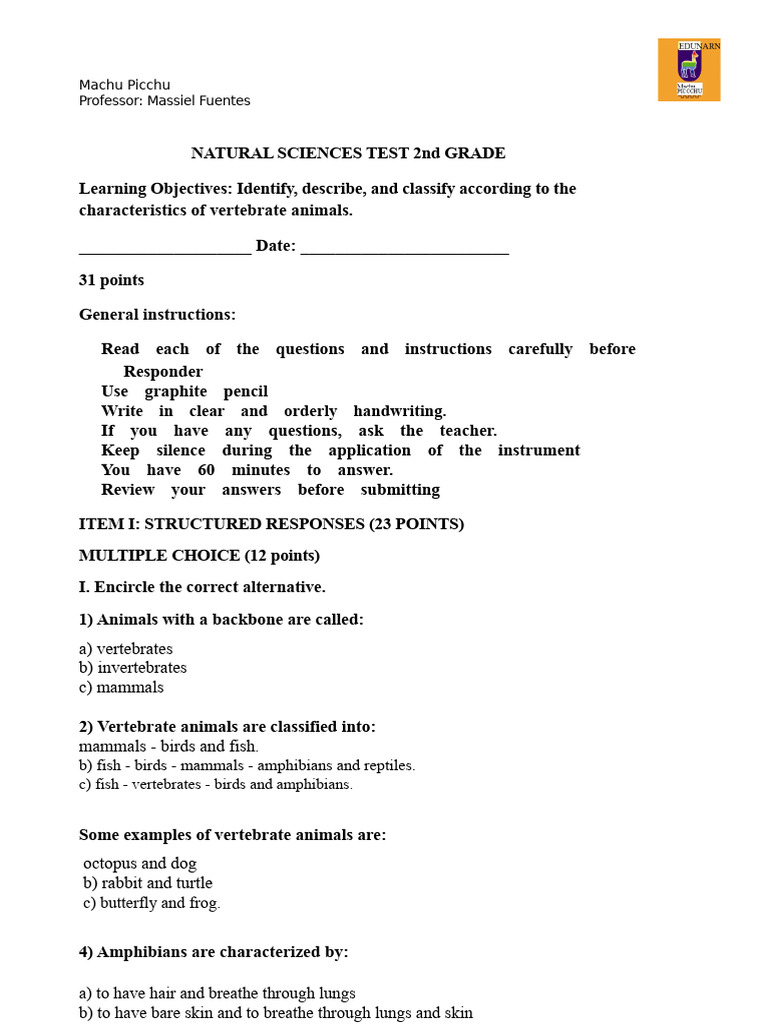 Test of Vertebrate Animals | PDF | Vertebrates | Reptile