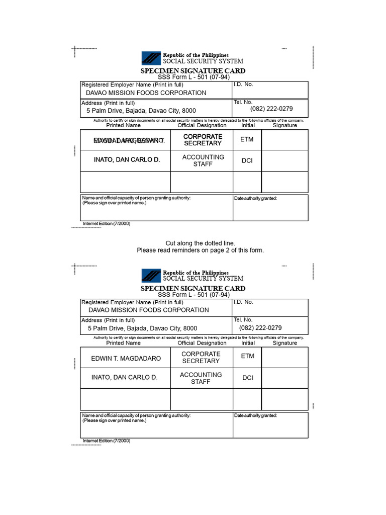 SSSForm Specimen Signature Card | PDF | Identity Document