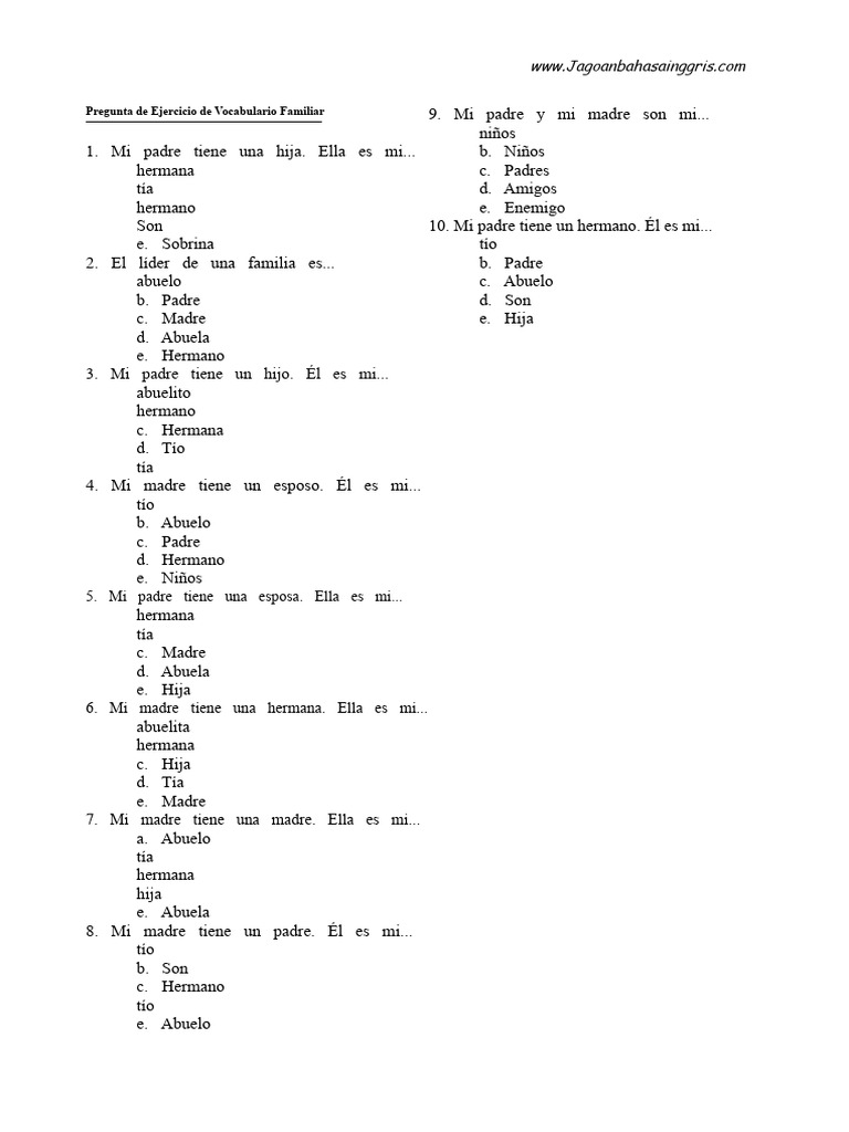 Ejercicio de Vocabulario Sobre La Familia | PDF