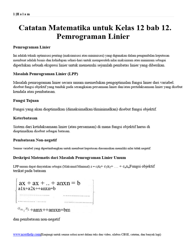 Catatan Dan Rumus Matematika Untuk Kelas 12 Bab 12. Pemrograman Linier PDF | PDF