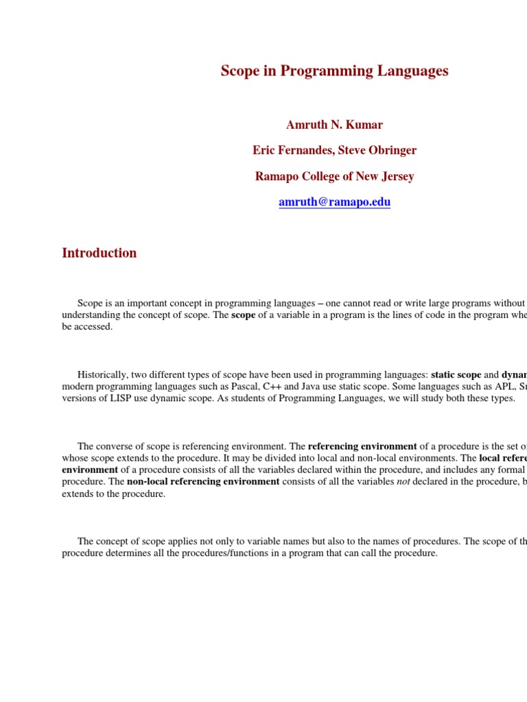 Scope in Programming Languages | PDF | Scope (Computer Science) | Parameter (Computer Programming)
