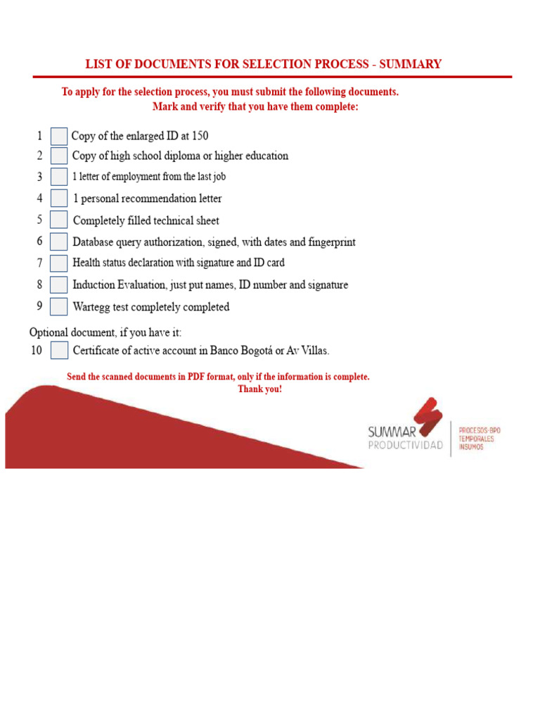 Selection Process Document Checklist | PDF | Occupational Safety And ...