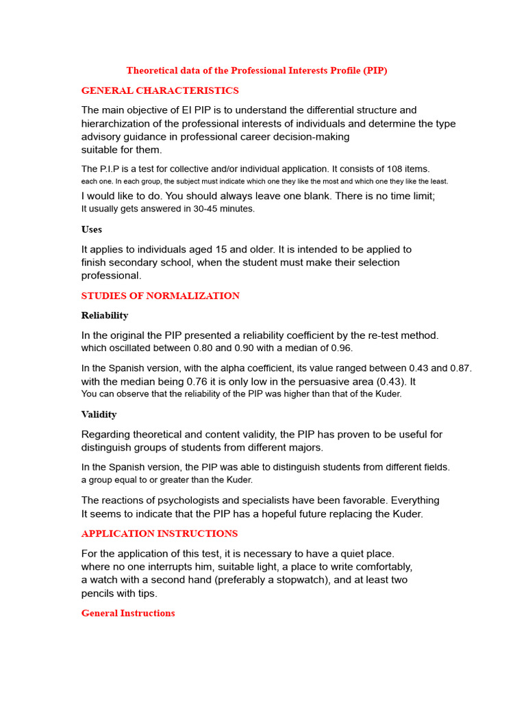 Theoretical Data of The PIP and Comparative Analysis of This Test With ...
