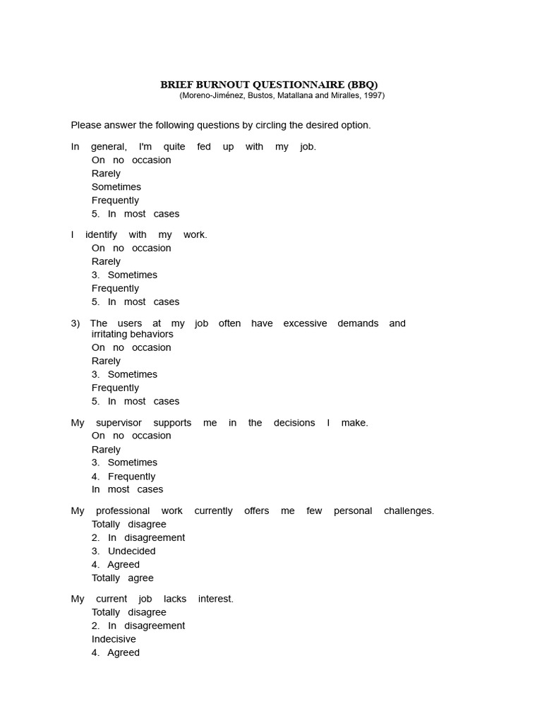 Brief Burnout Questionnaire (BBQ) | PDF | Occupational Burnout | Social ...