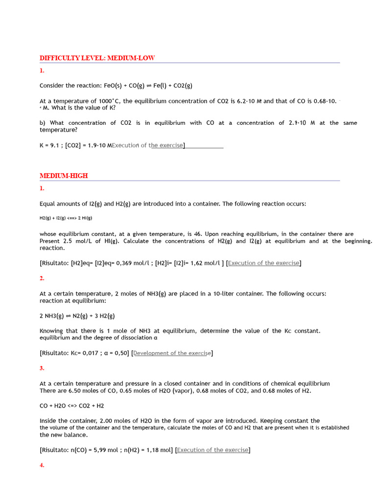 Exercises Chemistryonline Equilibria | PDF | Chemical Equilibrium | Mole (Unit)