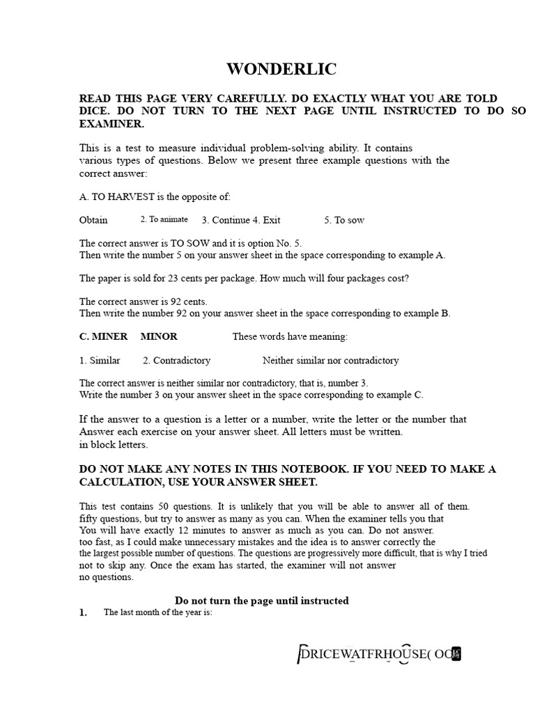 Wonderlic Test Instructions and Examples | PDF