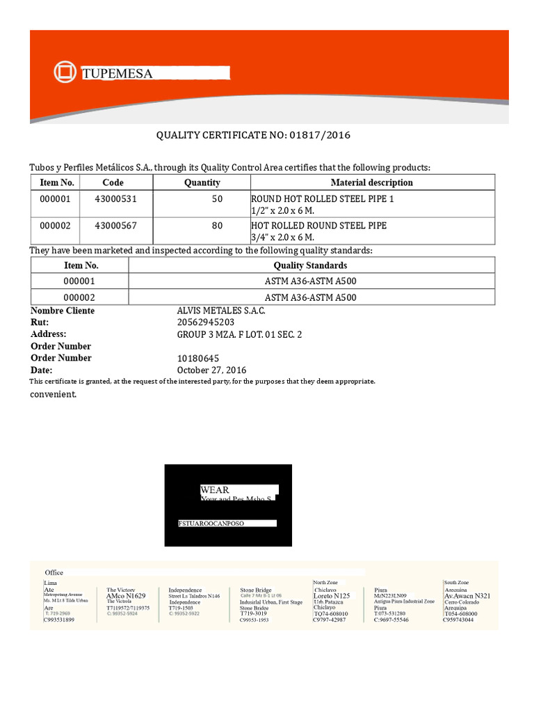 Quality Certificate No. 1817-2016 (Round Tube) | PDF