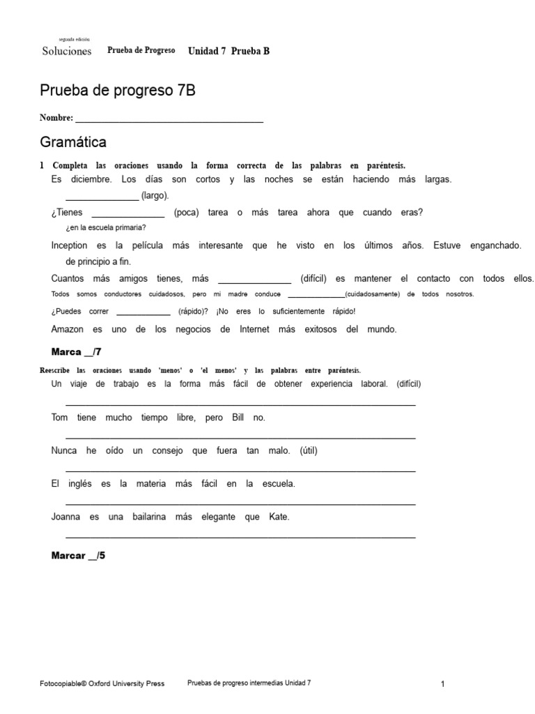 Prueba de Progreso Sol2e Int 07B | PDF