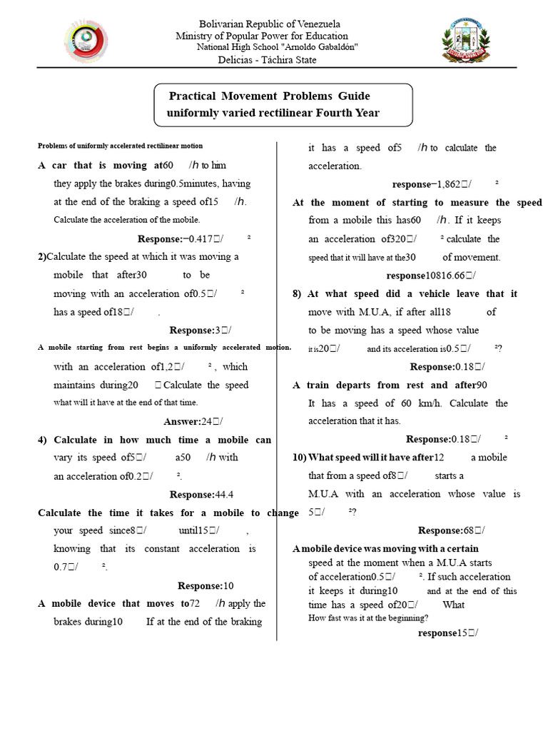 Uniformly Varied Rectilinear Motion Fourth Year | PDF | Speed | Acceleration