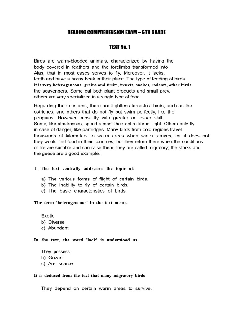 6th Grade Reading Comprehension Exam | PDF | Birds | Fly