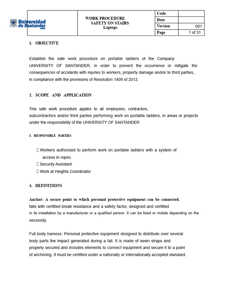 Safe Work Procedure For Portable Ladders | PDF | Ladder | Stairs