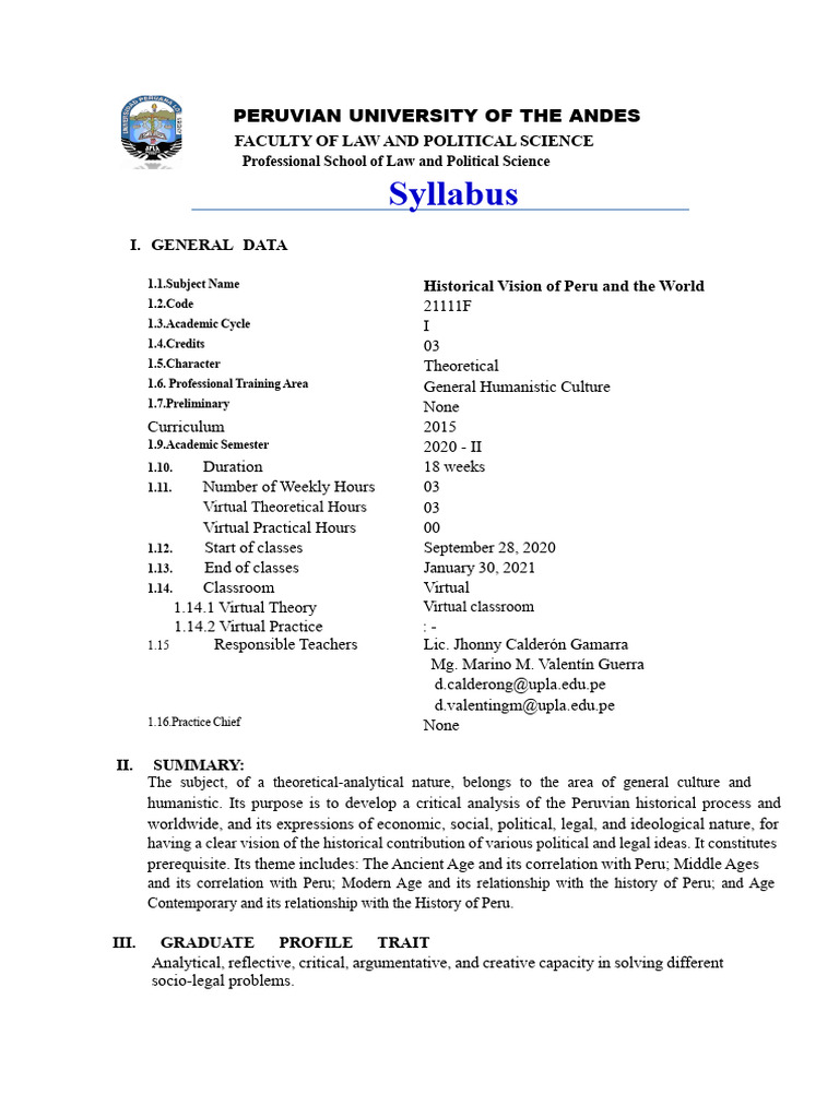 Syllabus Historical Vision of Peru and The World 2020-Ii | PDF | Peru ...