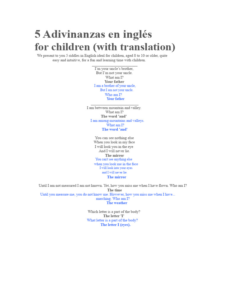 5 Riddles in English For Kids | PDF