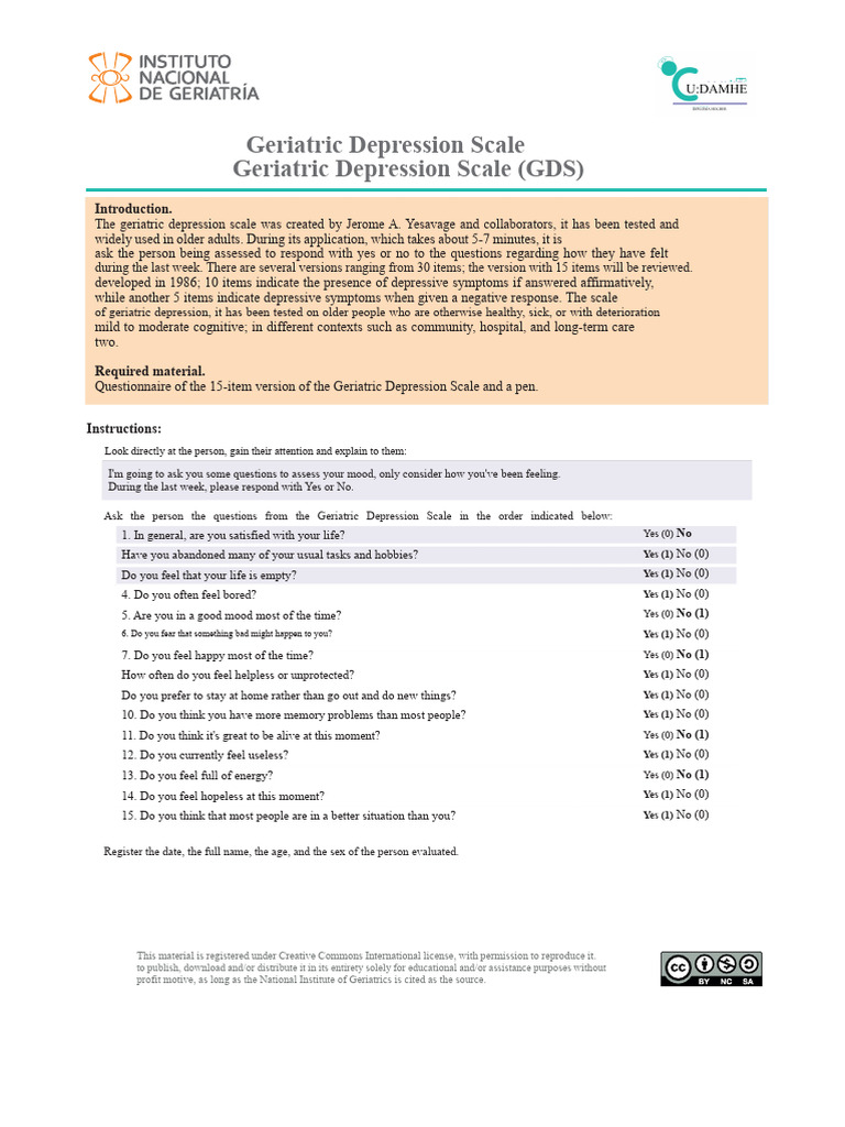 Geriatric Depression Scale GDS | PDF | Major Depressive Disorder ...