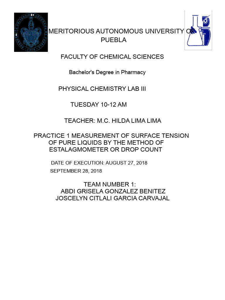 Measurement of The Surface Tension of Pure Liquids by The Stalagmometer ...