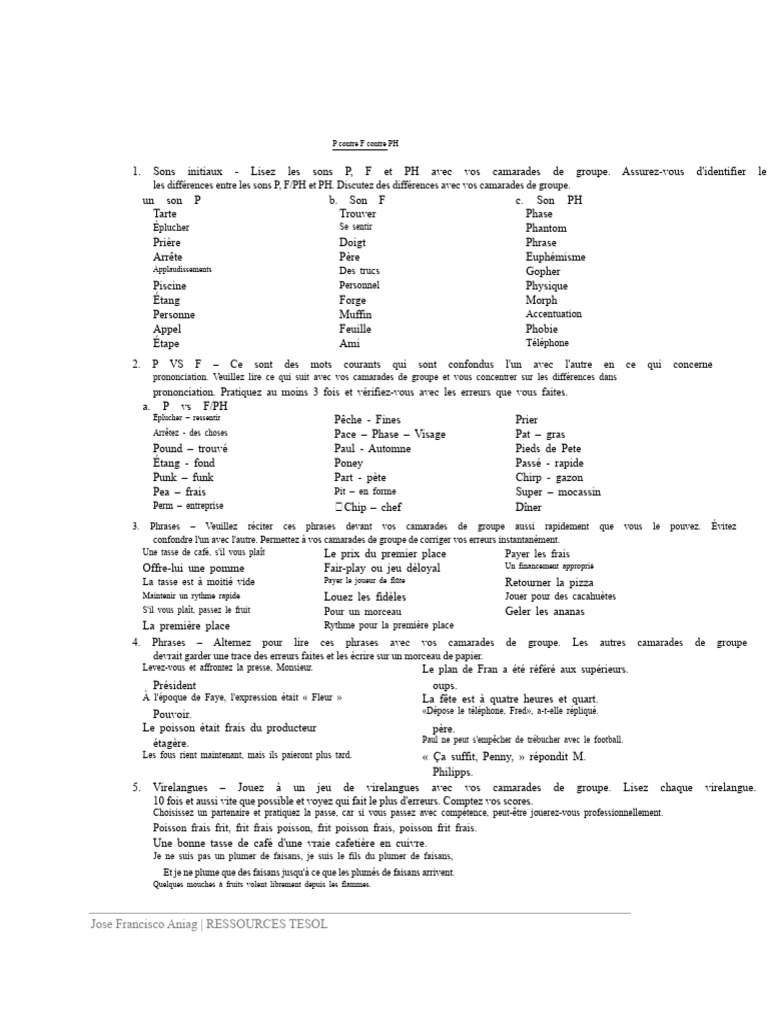 Différences de prononciation P, F, PH | PDF