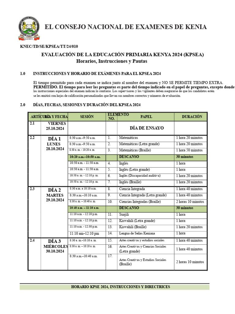 Horario y Guías KPSEA 2024 Kenia | PDF | Violación | Castigos