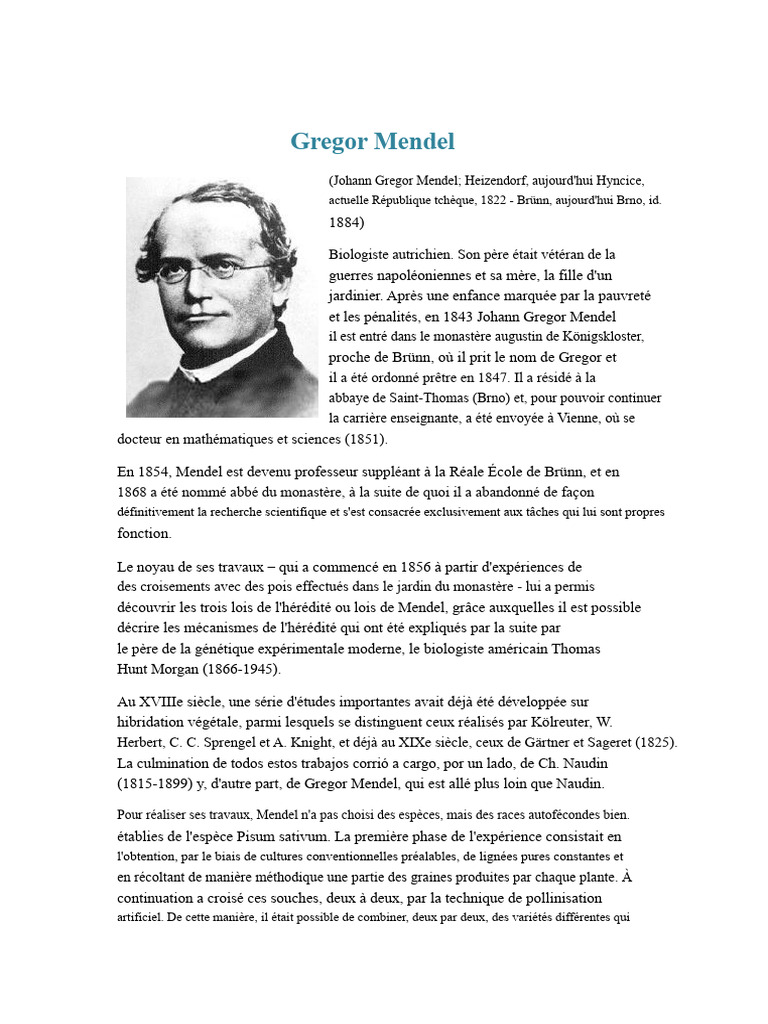 Gregor Mendel et les lois de l'hérédité | PDF | Génétique | Biologie