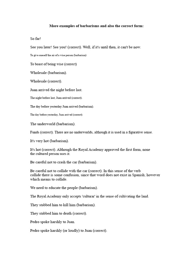 Here More Examples of Barbarisms | PDF | Verb | Word