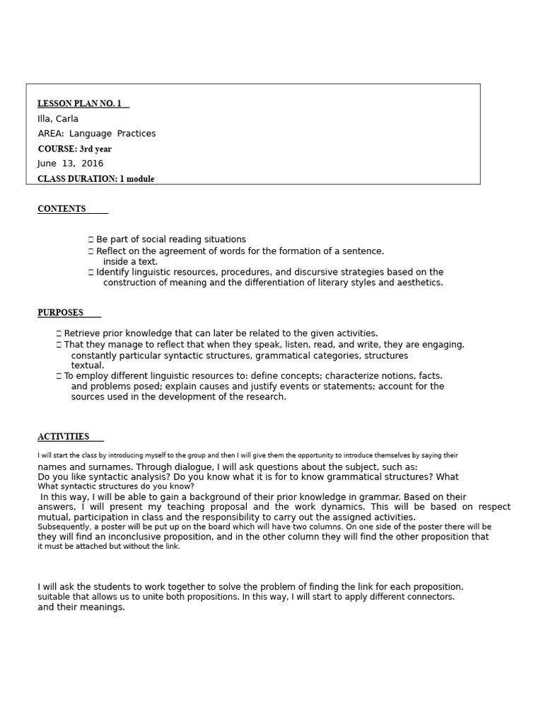 Language Practices Lesson Plan: Syntactic Analysis | PDF | Semantics ...