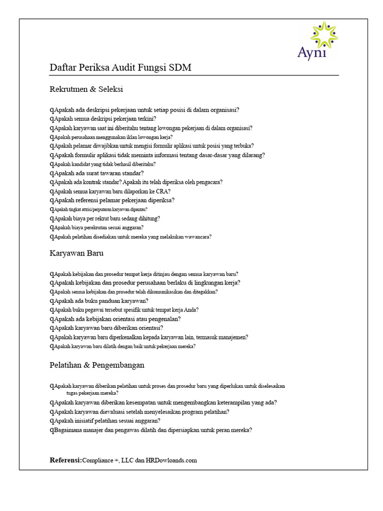 Daftar Periksa Audit Fungsi SDM Lengkap | PDF