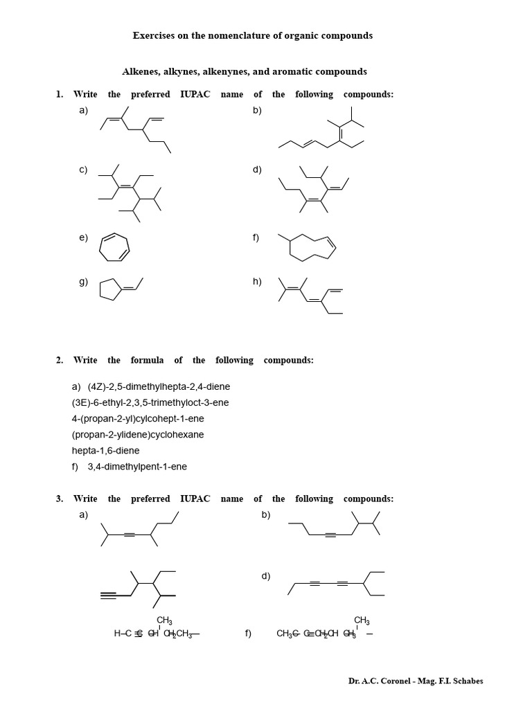 Exercises On Nomenclature of Alkenes, Alkynes, Alkenynes, and Aromatic ...