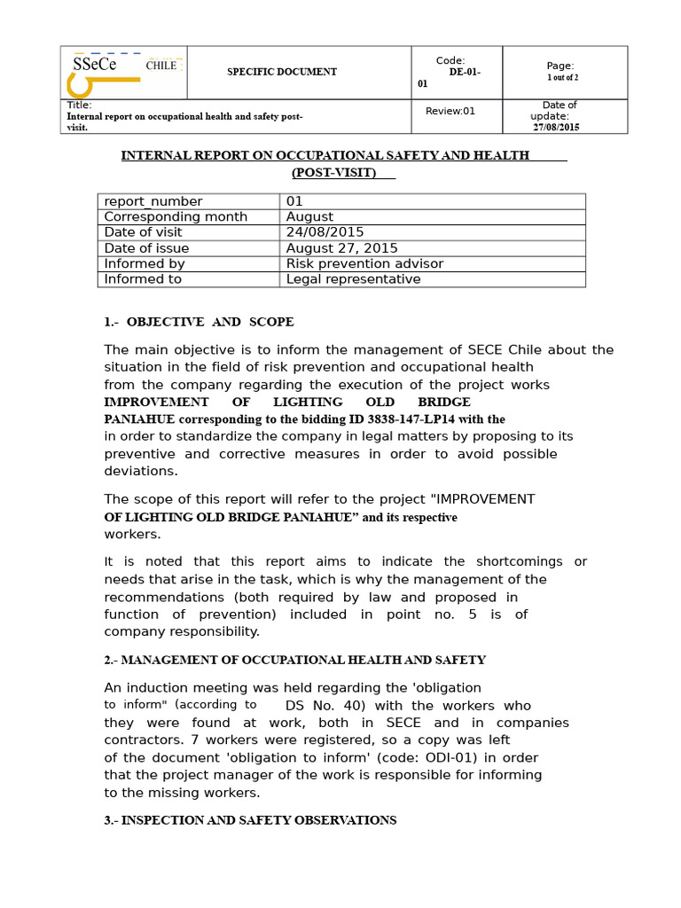 Internal Report On Occupational Health and Safety Post-Visit | PDF ...