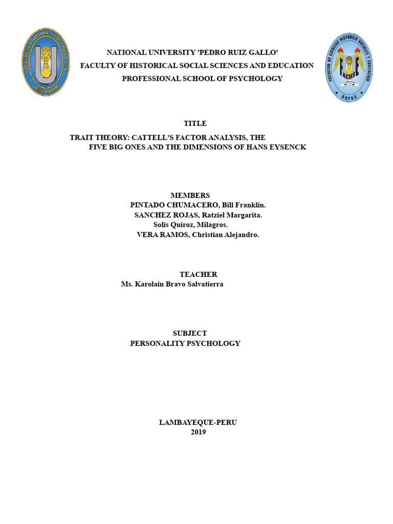 Trait Theory: Cattell's Factor Analysis, The Big Five, and Hans Eysenck's Dimensions | PDF ...