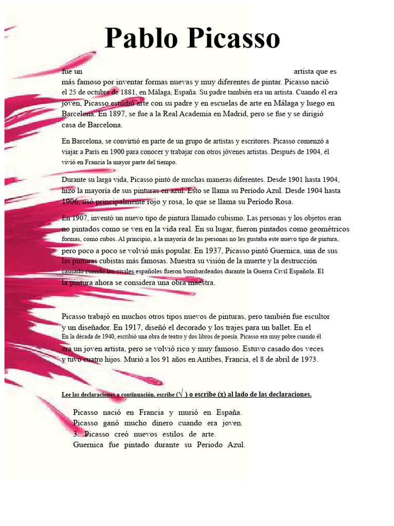 Pablo Picasso Metodo Directo Actividades Comprension Lectura Exe ...