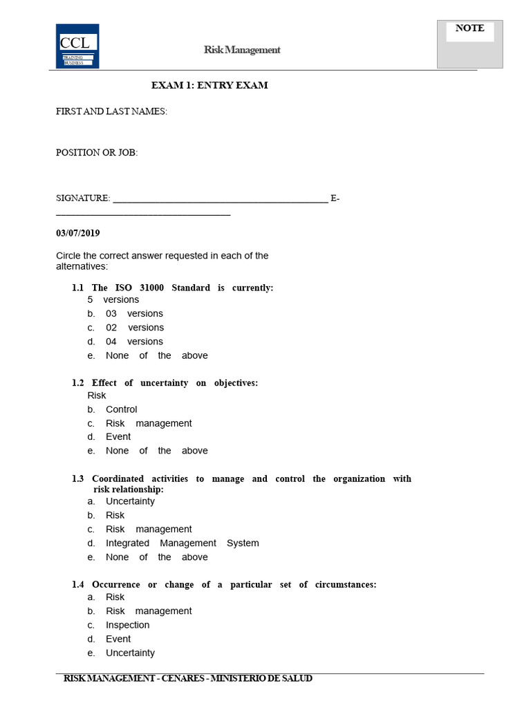 Risk Management Entry Exam Guide | PDF | Risk | Risk Management