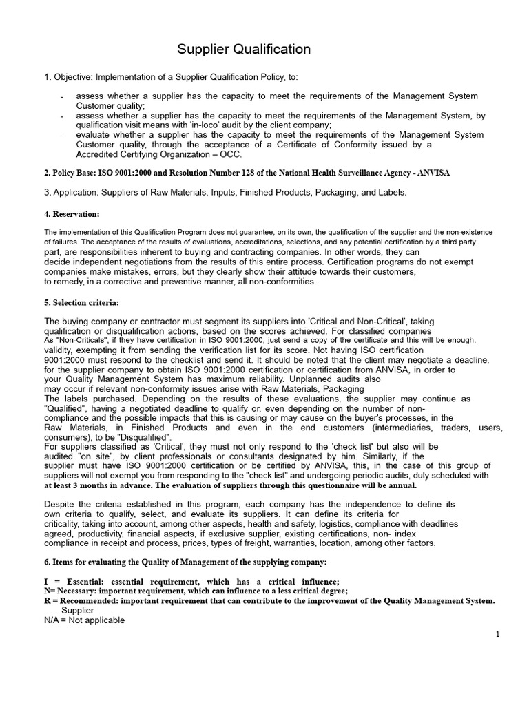Supplier Qualification - Final Model | PDF | Audit | Supply Chain