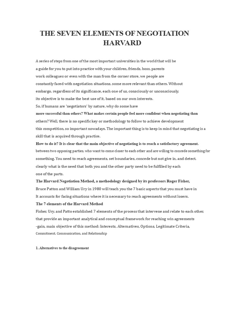 The Seven Elements of Harvard Negotiation | PDF | Negotiation | Communication