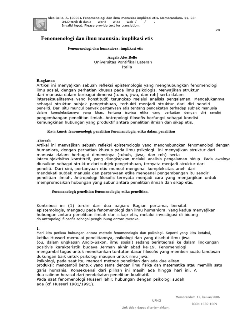 Ales Bello. Fenomenologi Dan Ilmu Humaniora | PDF