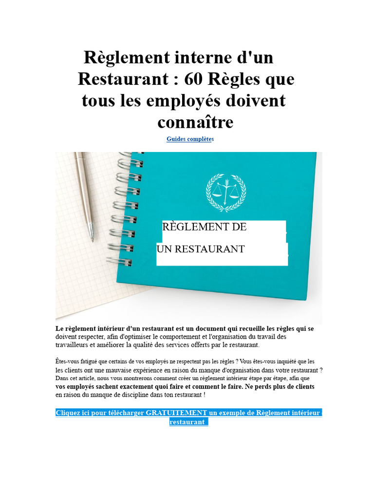 Règlement Intérieur D'un Restaurant | PDF | Cuisine | Nourritures