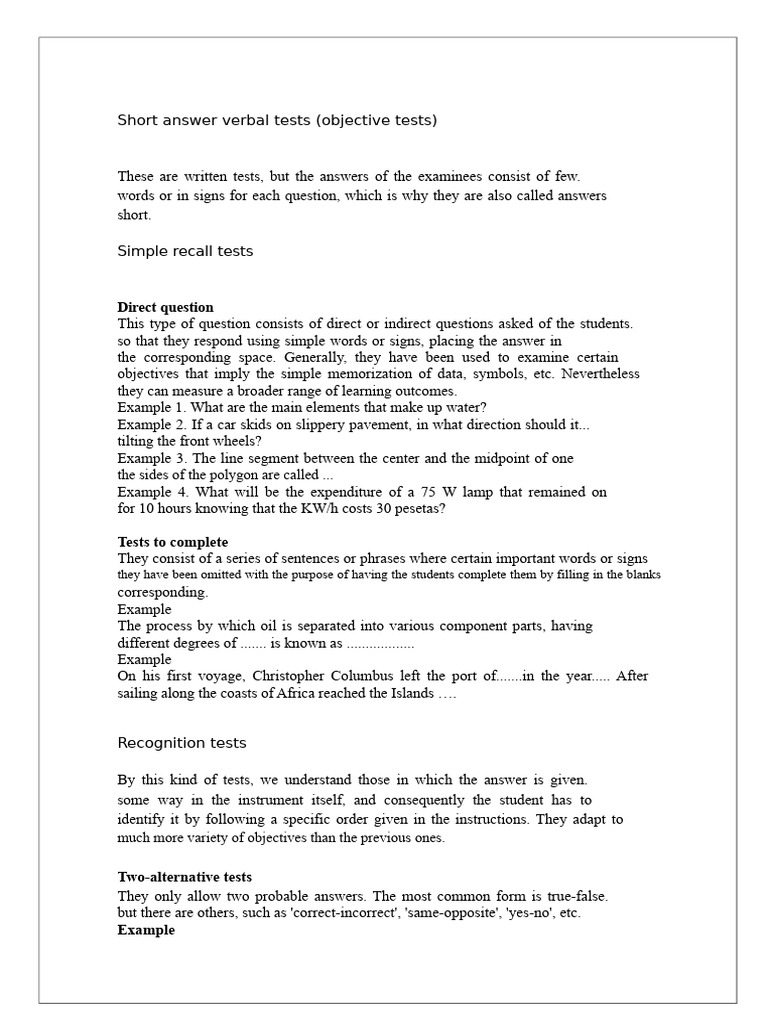 Short Answer Verbal Tests | PDF | Area | Question