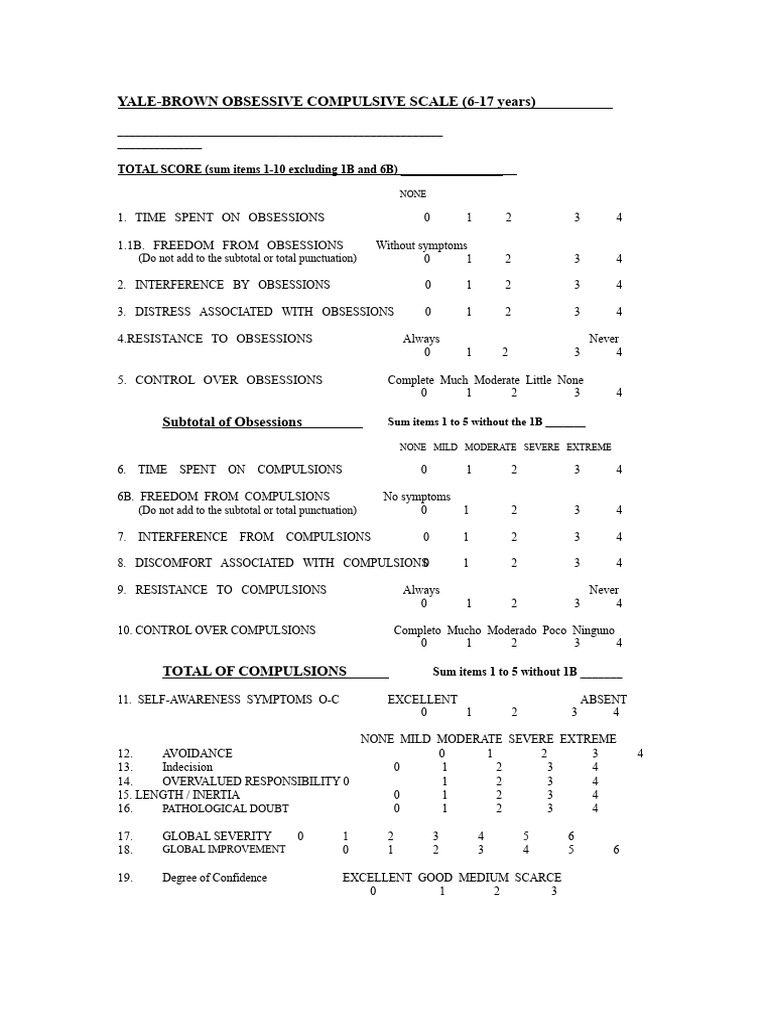 Yale-Brown OCD Scale for Ages 6-17 | PDF | Obsessive–Compulsive ...